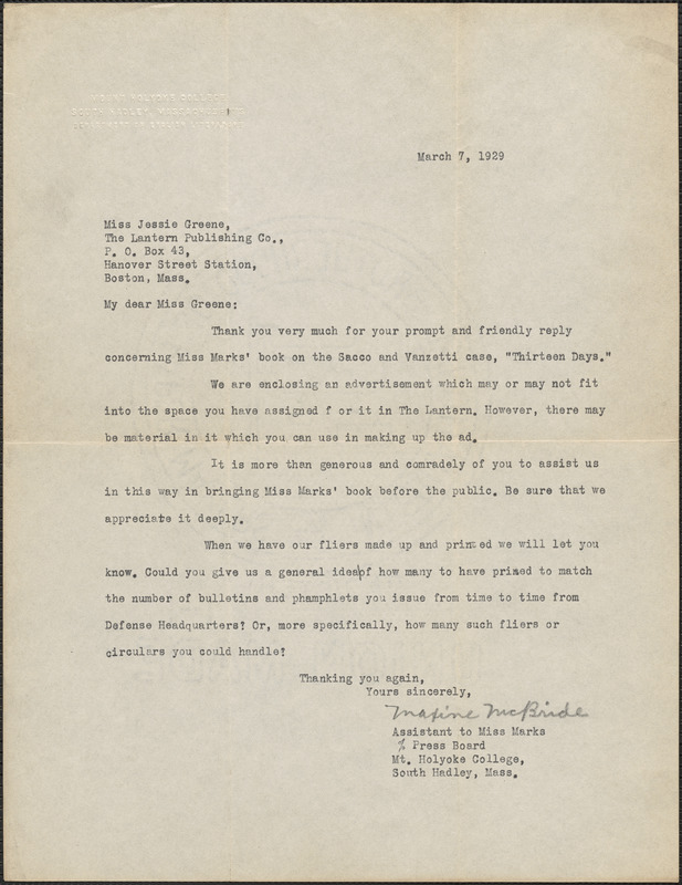 Maxine McBride typed letter signed to Jessie Greene (Lantern Publishing ...