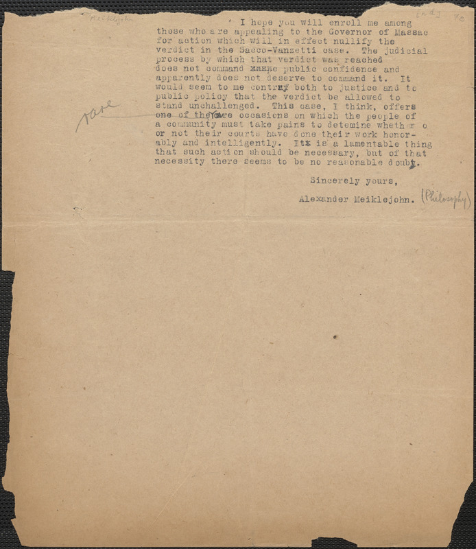 Alexander Meiklejohn typed note to [Sacco-Vanzetti Defense Committee ...