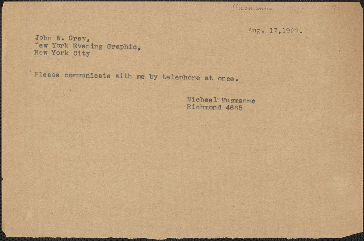 Michael A. Musmanno telegram (copy) to John W. Gray, August 17, 1927 ...