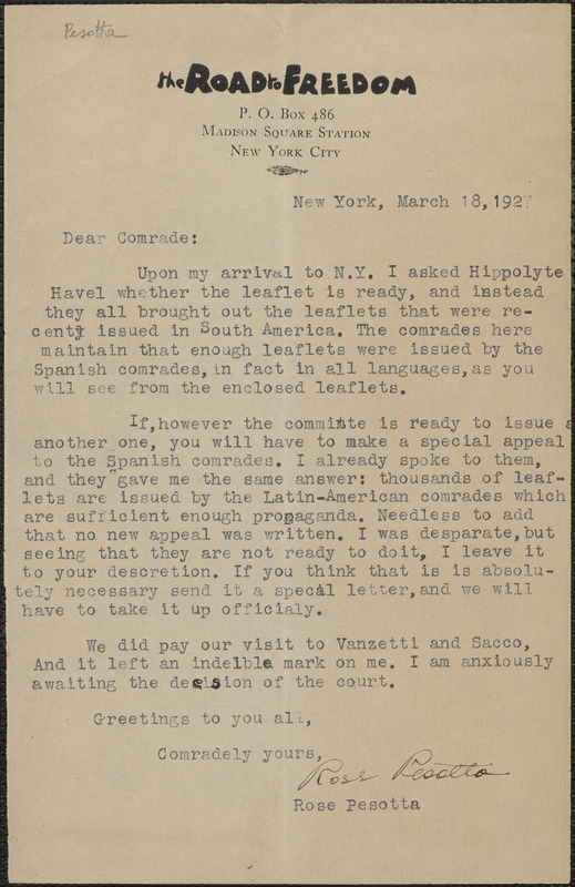 Rose Pesotta (The Road to Freedom) typed letter signed to [Aldino ...