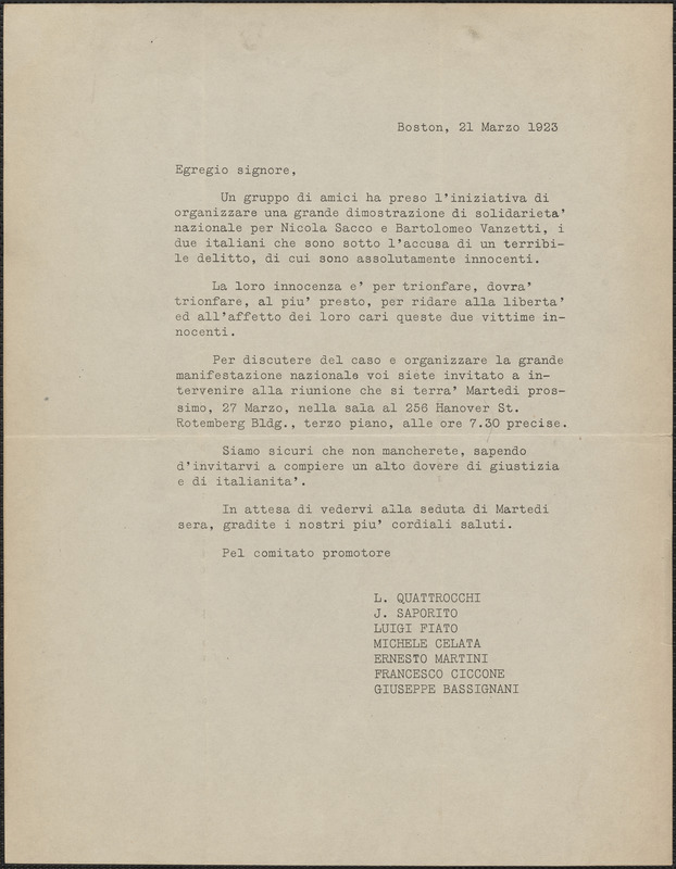 L. Quattrocchi et al typed letter, in Italian, to [Sacco-Vanzetti ...