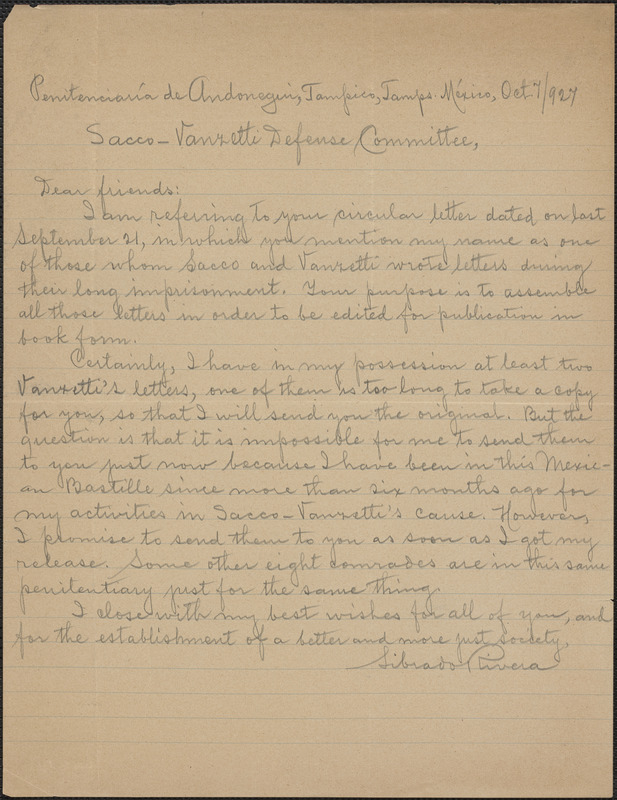 Librado Rivera autograph letter signed to Sacco-Vanzetti Defense ...
