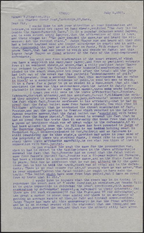 Clarence Smith typed letter (copy) to Samuel W. Stratton, July 5, 1927 ...