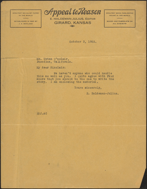 E. Haldeman-Julius (Appeal to Reason) typed note signed to Upton ...