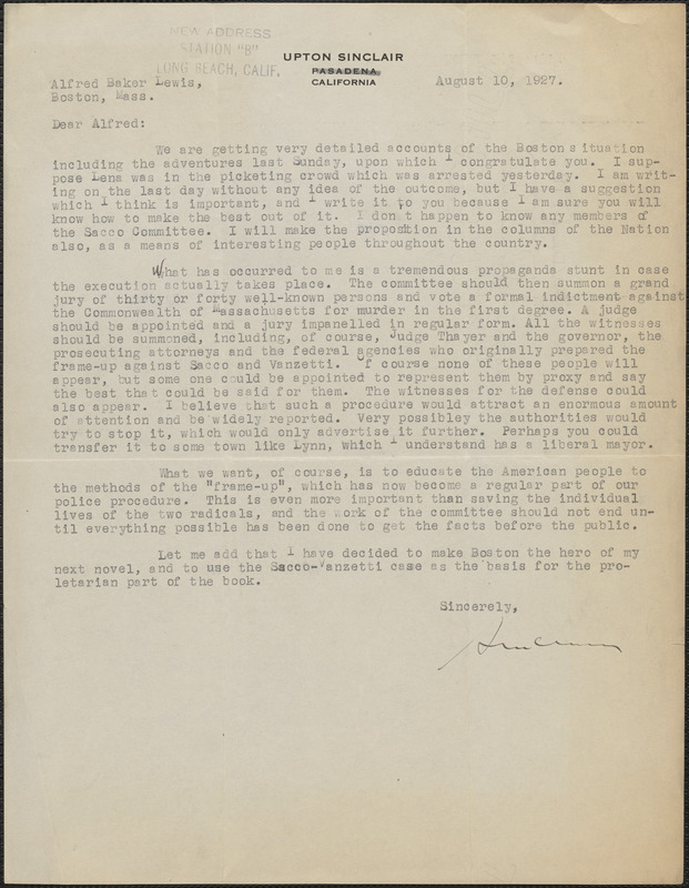 Upton Sinclair autograph letter signed to Alfred Baker Lewis Socialist ...
