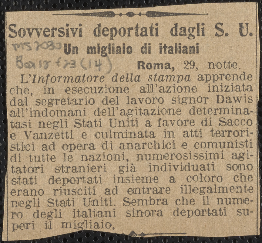Clipping from an Italian newspaper, [1920-1927] - Digital Commonwealth