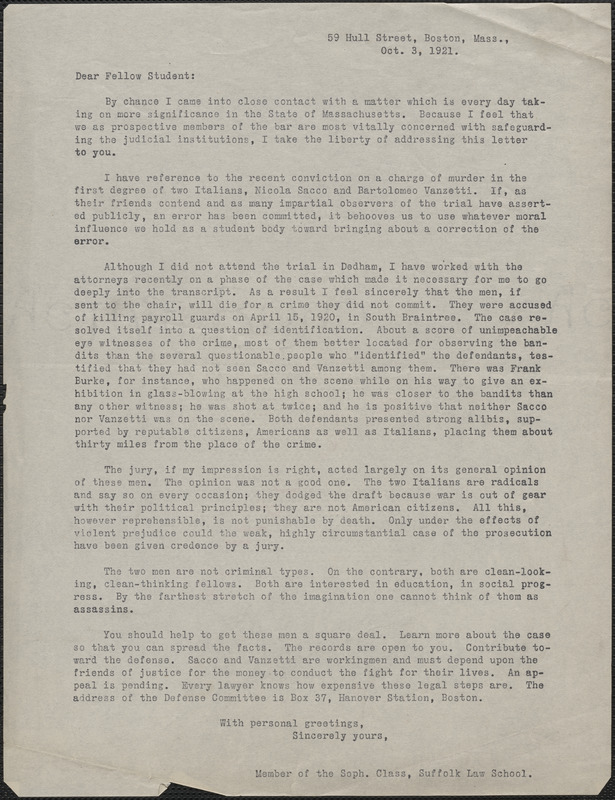 Member, Sophomore Class, Suffolk Law School typed letter (circular) to ...