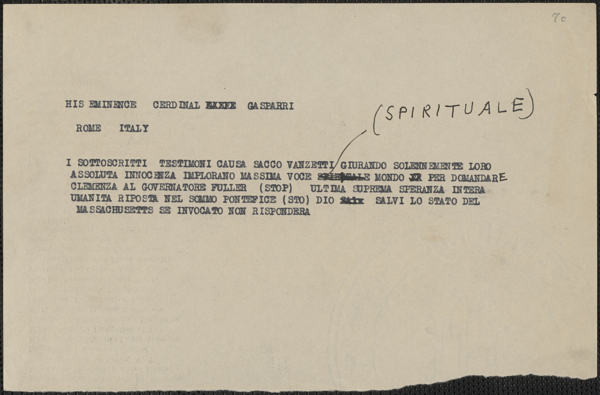 Telegram? (copy), in Italian, to Cardinal Gasparri, [1927?] - Digital ...