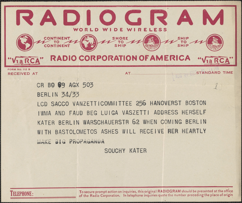 Souchy Kater telegram to Sacco-Vanzetti [Defense] Committee, Berlin ...