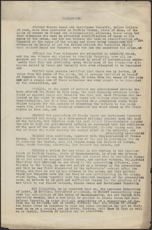 American Federation of Labor typed resolution to Webster Thayer, [1925 ...