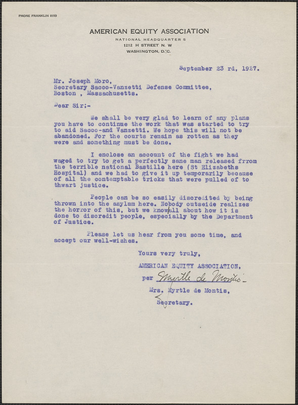 Myrtle de Montis (American Equity Association) typed letter signed to ...