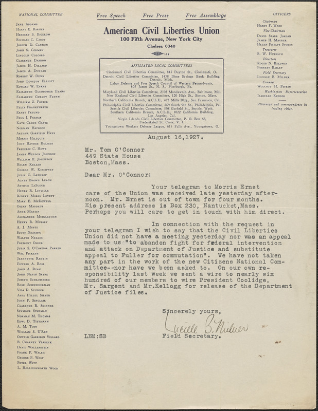 Lucille B. Milner (American Civil Liberties Union) typed letter signed ...