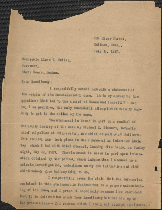 [Thomas O'Connor] typed letter (copy) to Alvan T. Fuller, Waltham, Mass ...