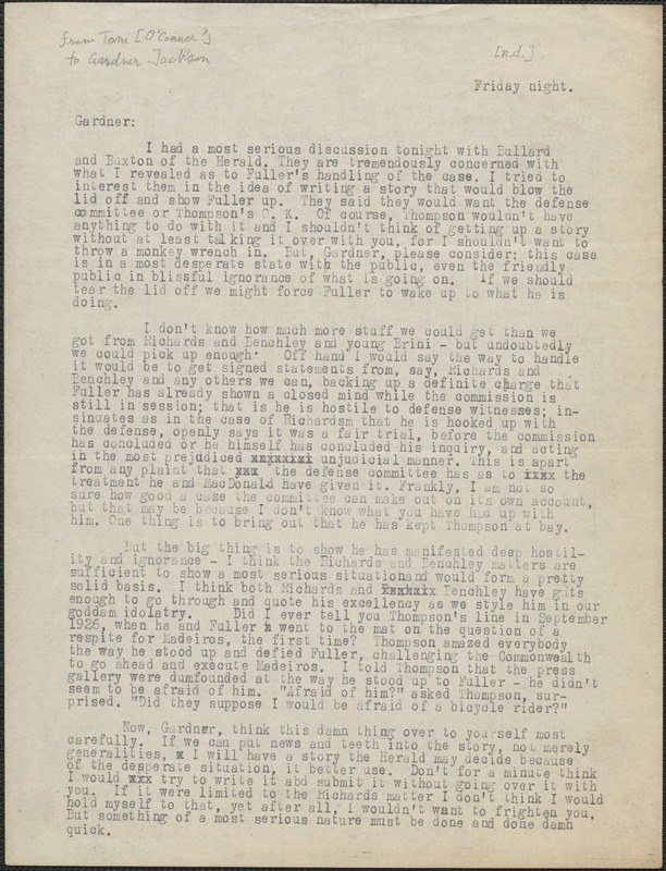 Tom [O'Connor] typed letter signed to Gardner [Jackson, Waltham, Mass ...