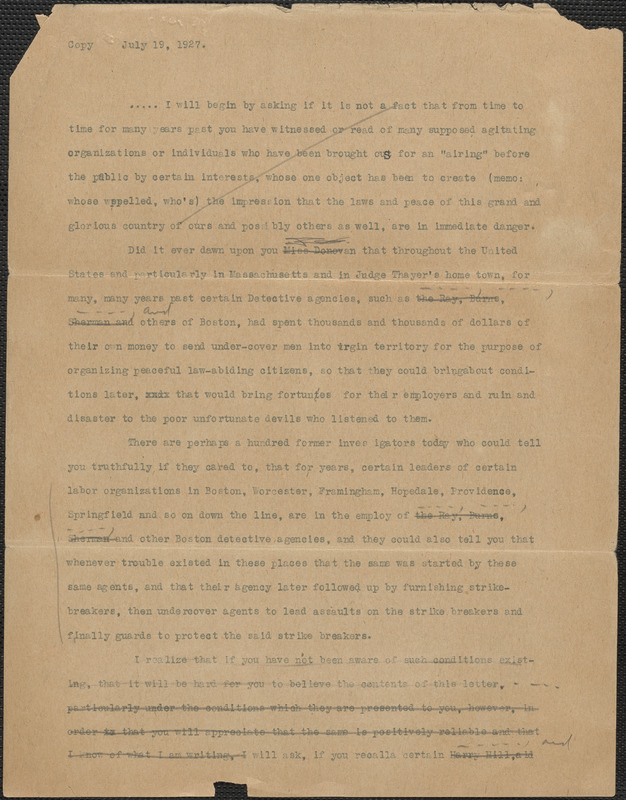 [Thomas O'Connor] typed letter, [Boston, Mass.?], July 19, 1927 ...