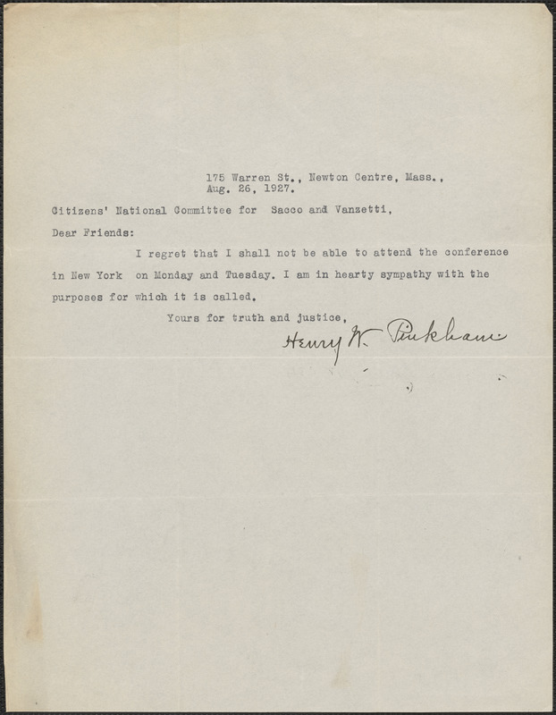 Henry W. Pinkham typed note signed to Citizens National Committee for ...