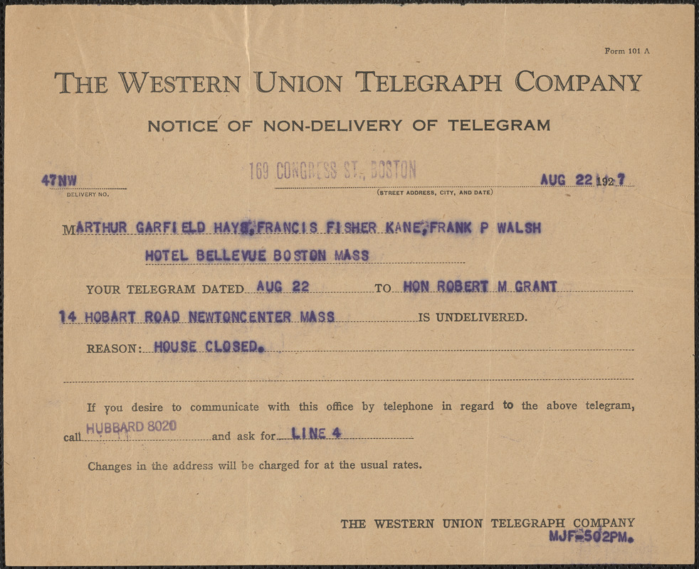 Western Union Telegraph Company telegram to Arthur Garfield Hays ...