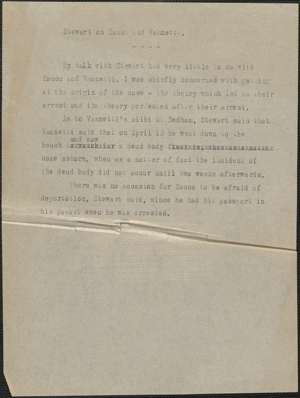 [Thomas O'Connor] typed note, [Boston, Mass., August 1927]: Stewart on ...