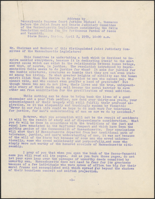 Michael A. Musmanno typed document (copy) to the Joint House and Senate ...