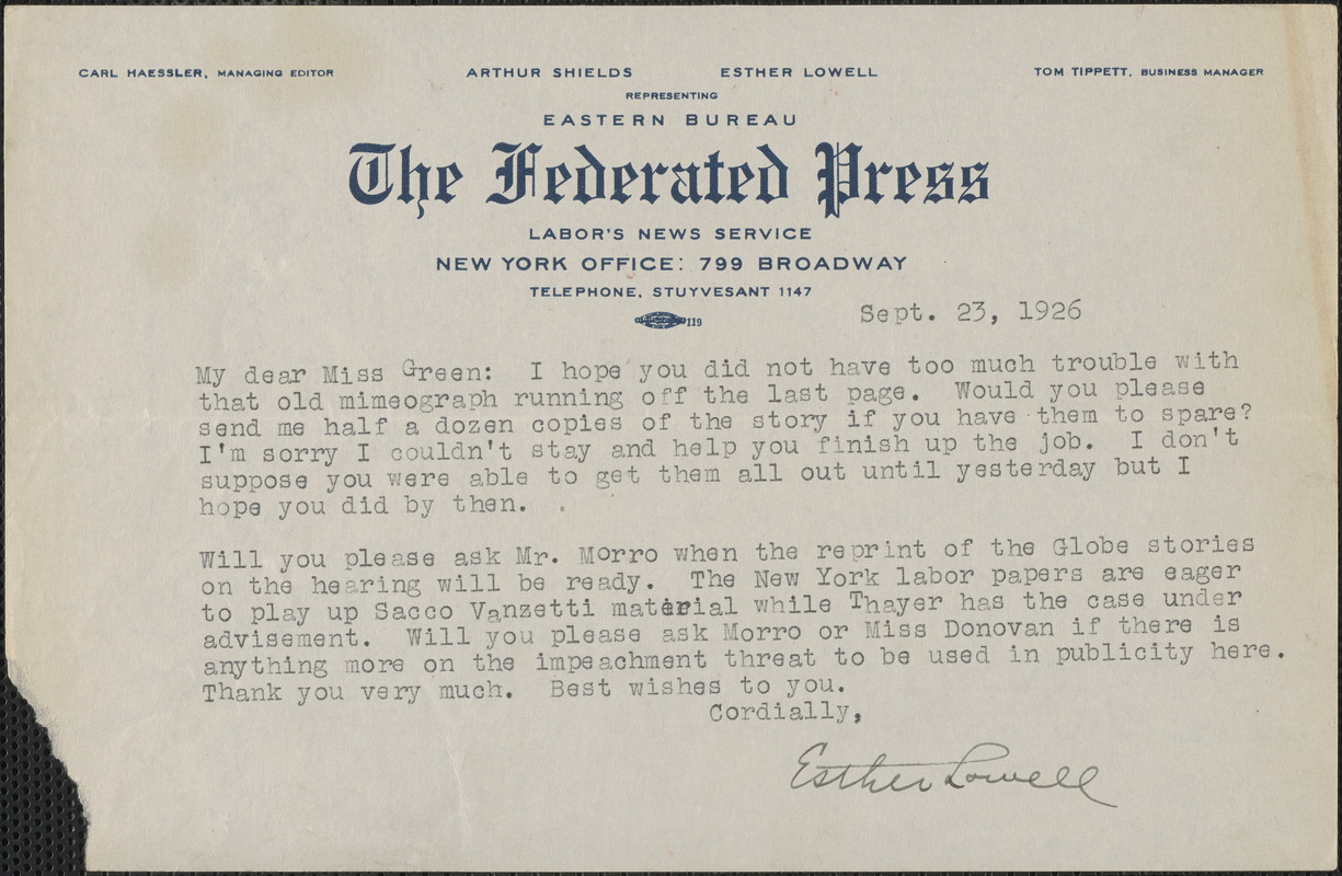 Esther Lowell (The Federated Press) autograph letter signed to Miss ...