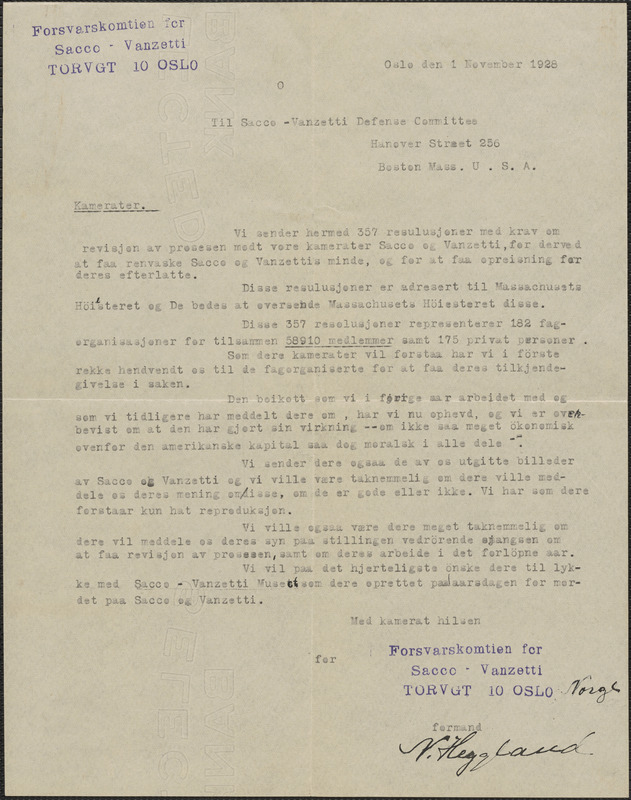 V. Heggland (Försvarskomtien for Sacco-Vanzetti) typed letter signed ...