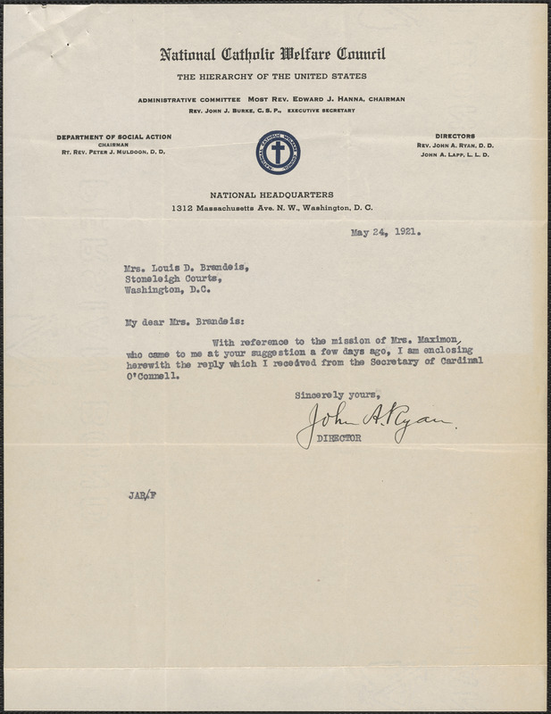 John A. Ryan (National Catholic Welfare Council) typed note to Mrs ...