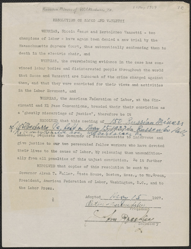 Peter Bervodsky (Russian Miners of Wilkes-Barre, Pa.) typed resolution ...
