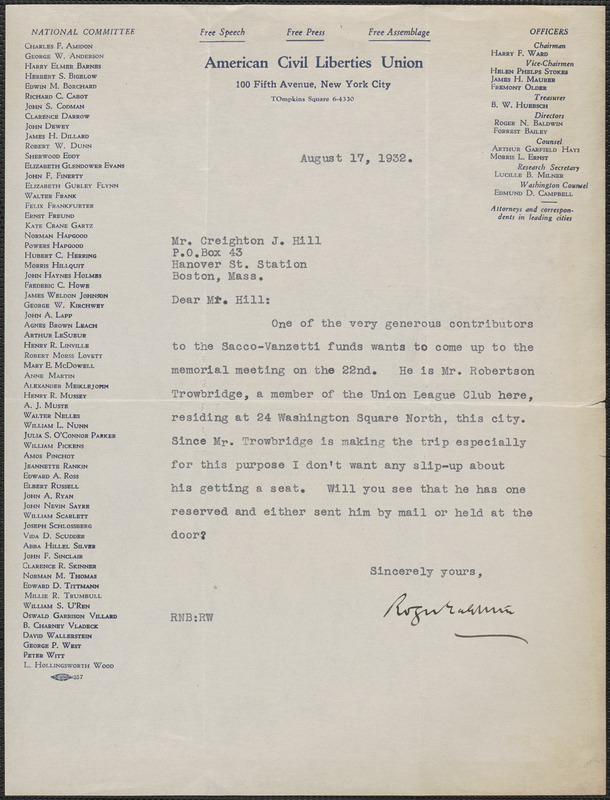 Roger N. Baldwin (American Civil Liberties Union) typed letter signed ...