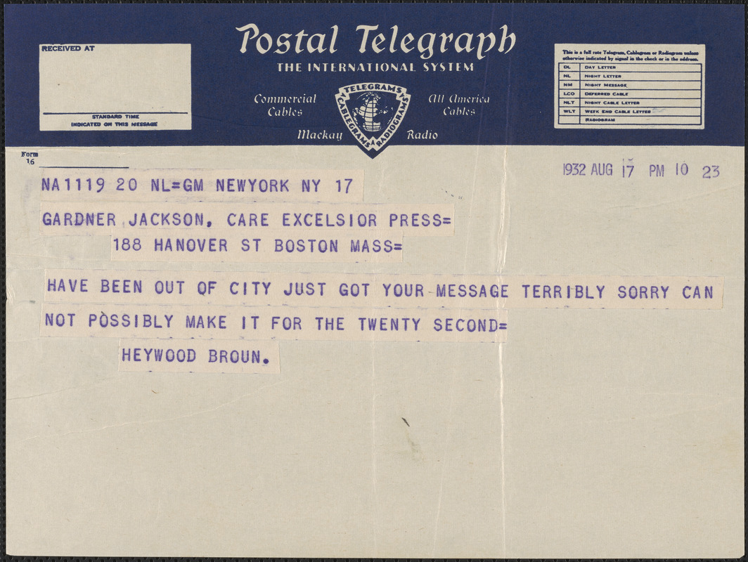 Heywood Broun telegram to Gardner Jackson, New York, N. Y., August 17 ...