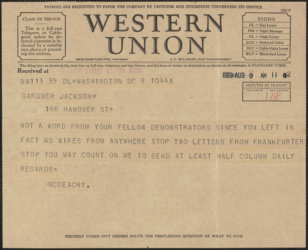 McGeachy telegram to Gardner Jackson, Washington, D. C., August 9, 1932 ...