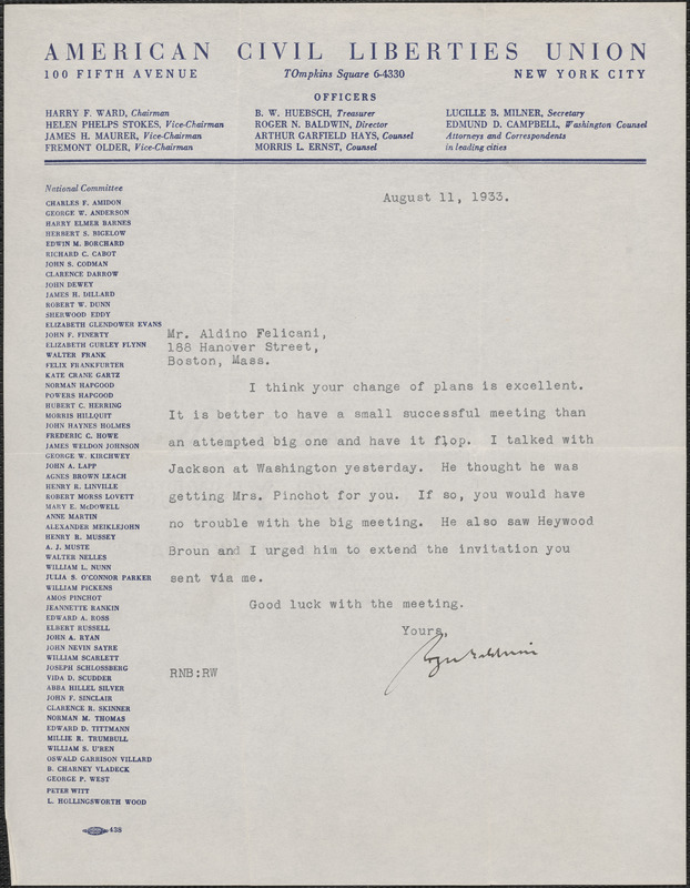 Roger N. Baldwin (American Civil Liberties Union) typed letter signed to Aldino Felicani, New ...
