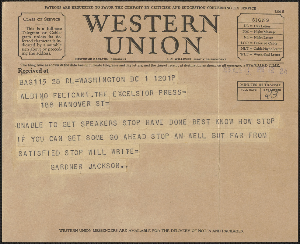 Gardner Jackson telegram to Aldino Felicani, Washington, D. C., August ...