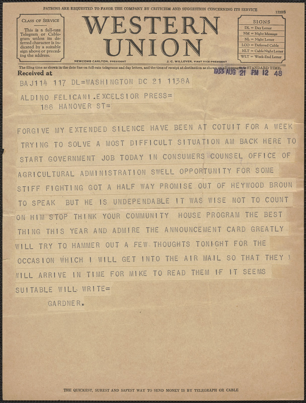 Gardner [Jackson] telegram to Aldino Felicani, Washington, D. C ...