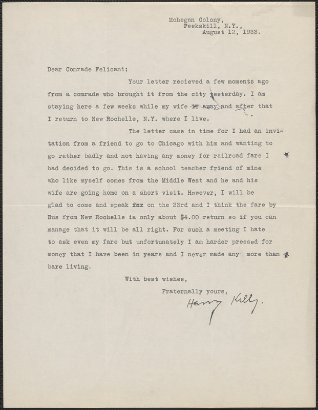 Harry Kelly typed letter signed to [Aldino] Felicani, Peekskill, N. Y ...