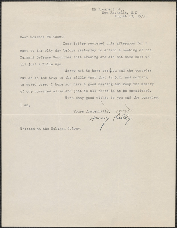 Harry Kelly typed letter signed to [Aldino] Felicani, New Rochelle, N ...