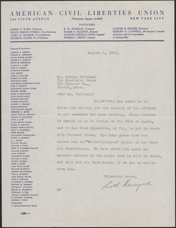 Ruth Weingard (American Civil Liberties Union) typed letter signed to Aldino Felicani, New York ...