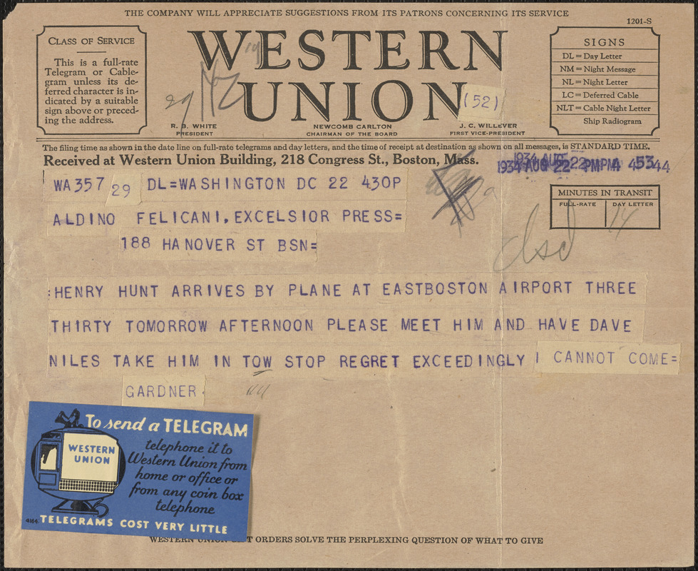 Gardner [Jackson] telegram to Aldino Felicani, Washington, D. C ...
