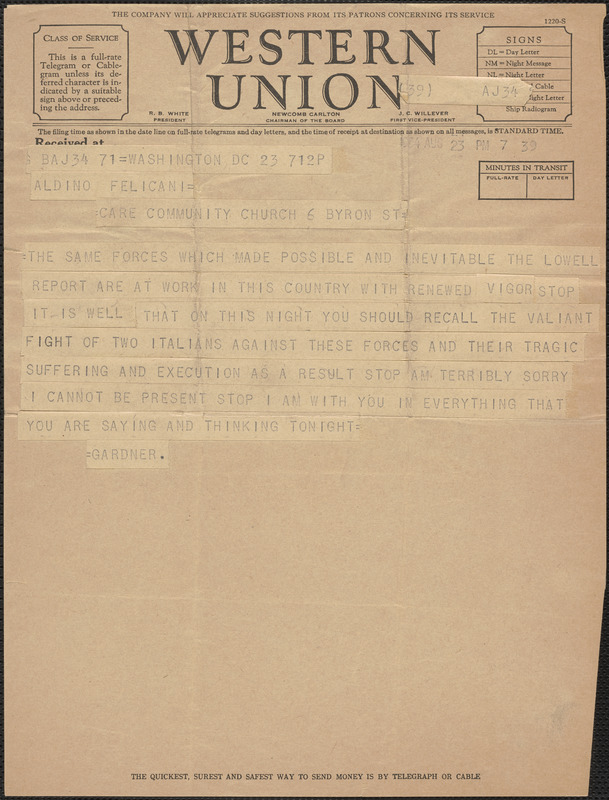 Gardner [Jackson] telegram to Aldino Felicani, Washington, D. C ...