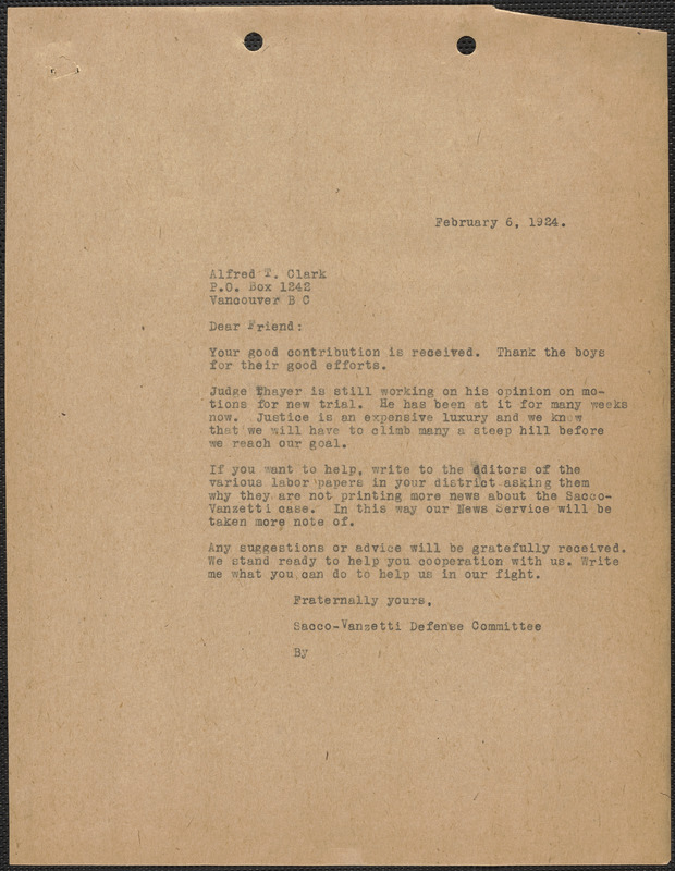 Sacco-Vanzetti Defense Committee typed letter (copy) to Alfred T. Clark ...