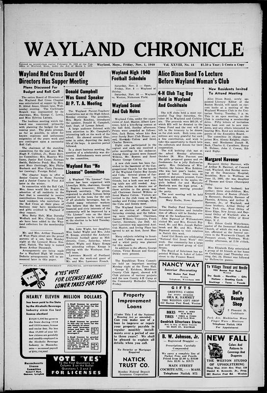 The Wayland Chronicle. November 01, 1940 - Digital Commonwealth