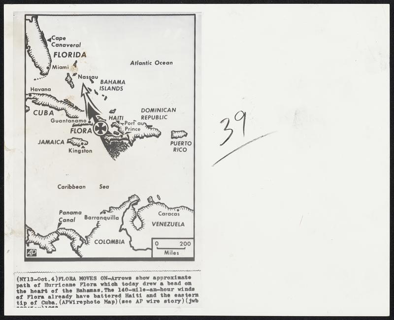 Flora Moves on-Arrows show approximate path of Hurricane Flora which ...