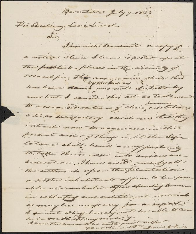 Mashpee Revolt, 1833-1834 - Letter from Josiah J. Fiske to Gov. Levi ...