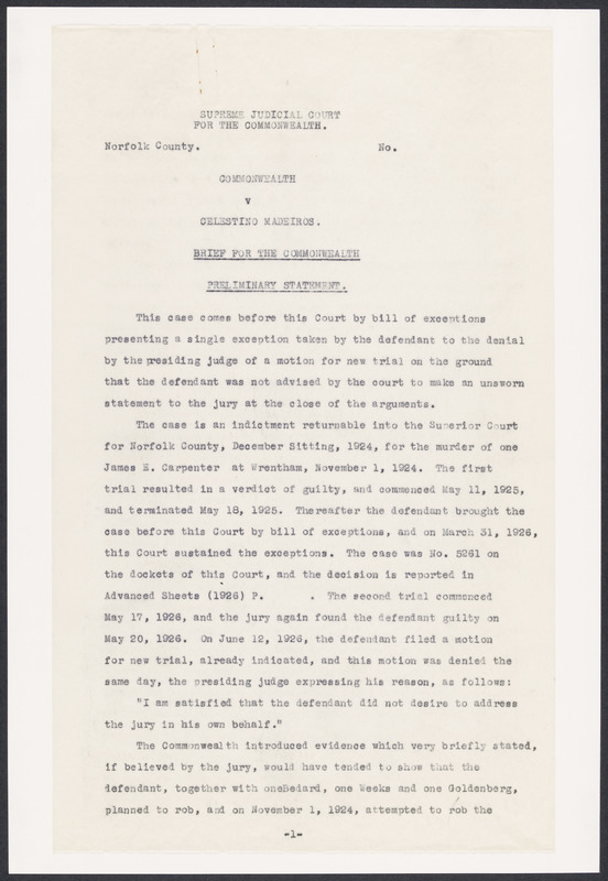 Sacco-Vanzetti Case Records, 1920-1928. Prosecution Papers ...