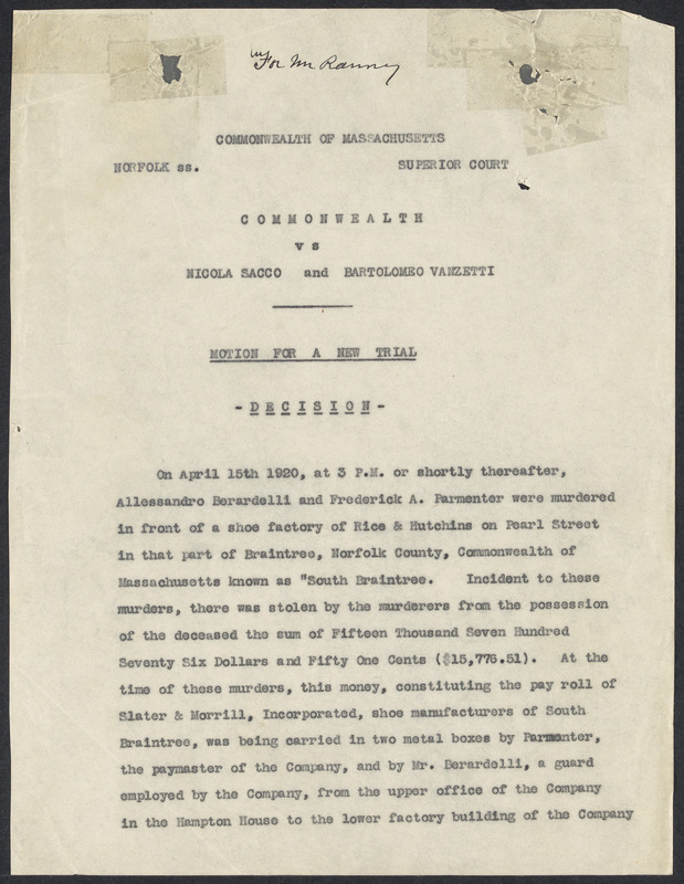 Sacco-Vanzetti Case Records, 1920-1928. Prosecution Papers. Decision on ...