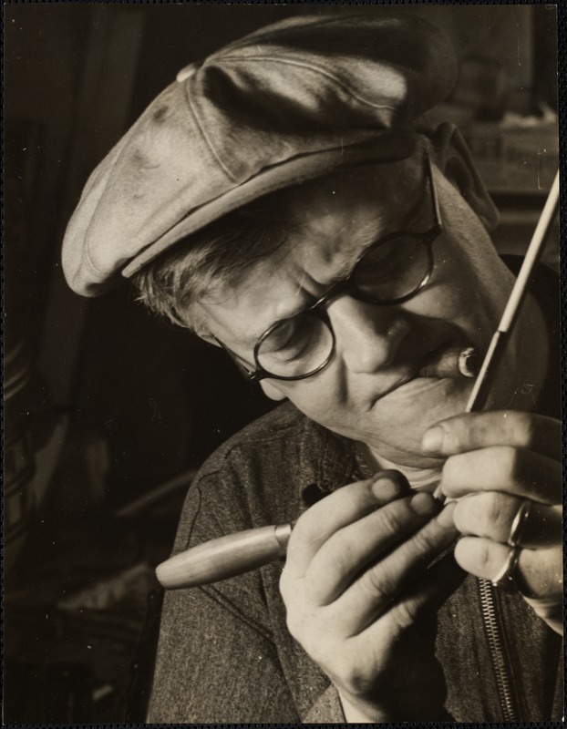 Peter Ness carving a "beam" of the "Pilgrim" - Digital Commonwealth