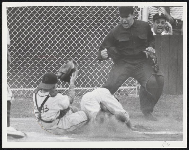 Ump Arnold Friedman. Parkway catcher John O'Connell 2d in. Phil Conley ...