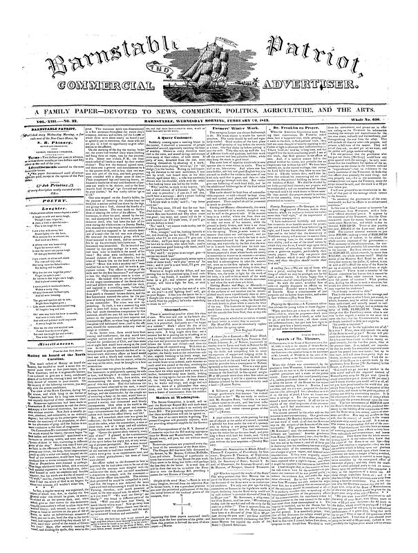 Barnstable Patriot, and Commercial Advertiser. February 22, 1843 ...