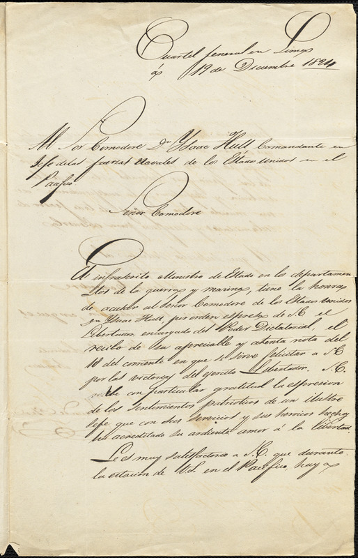 Tomas de Heres to Isaac Hull, Lima, December 19, 1824 (original ...