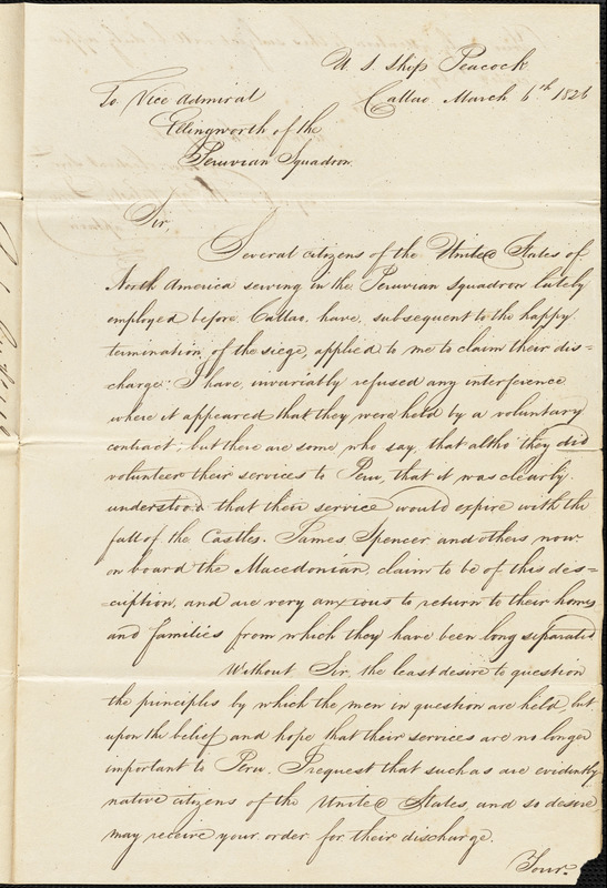 Thomas Catesby Jones to S. Ellingworth, U.S. Ship Peacock, March 6 ...