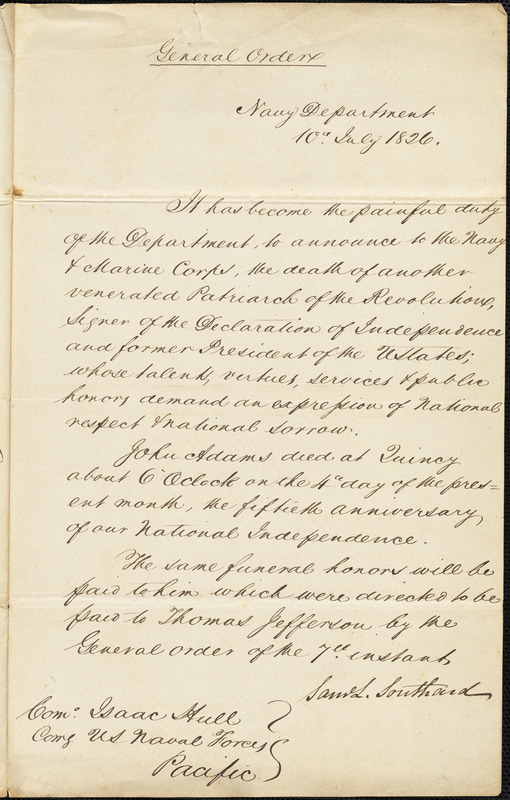Samuel L. Southard to Isaac Hull, Washington, DC, July 10, 1826 ...